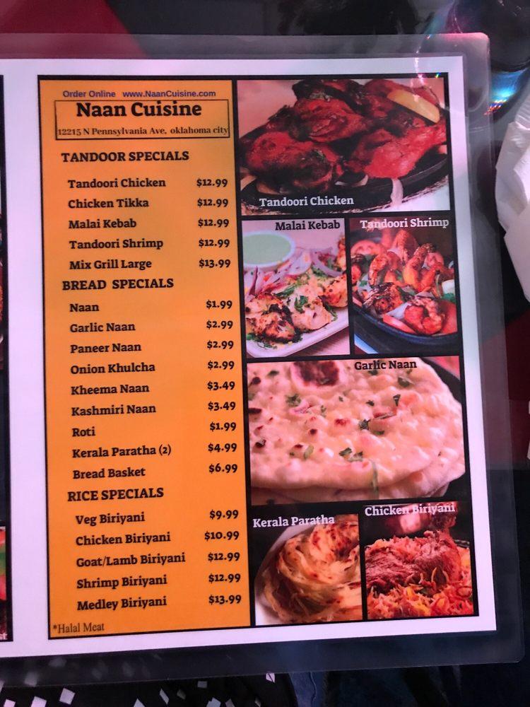Menu at Naan Cuisine of India restaurant, Oklahoma City
