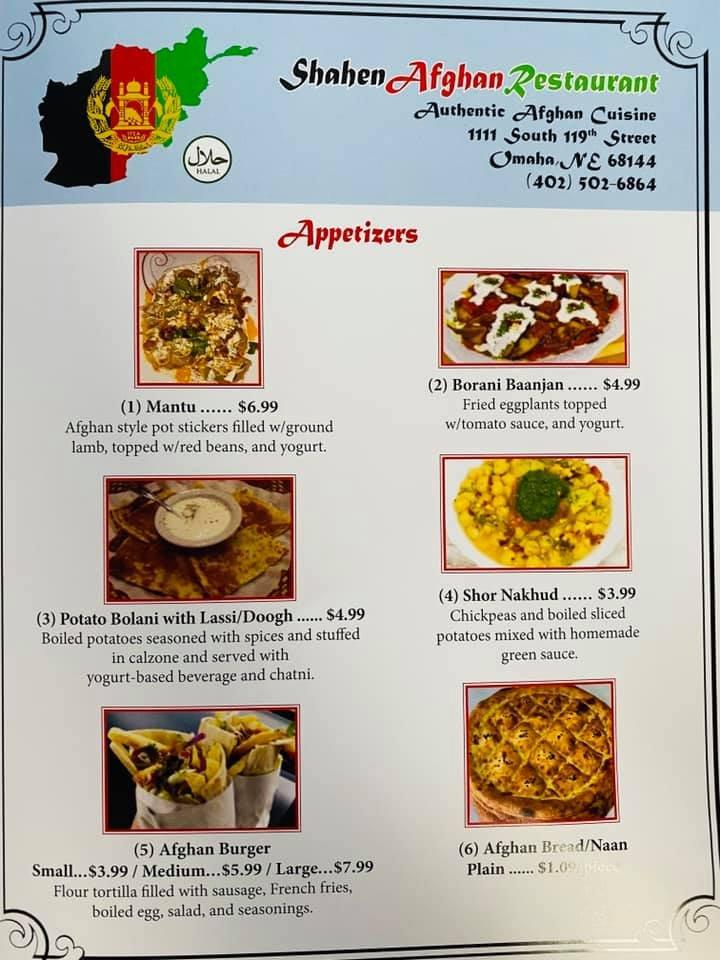 Menu at Shahen Afghan Restaurant, Omaha