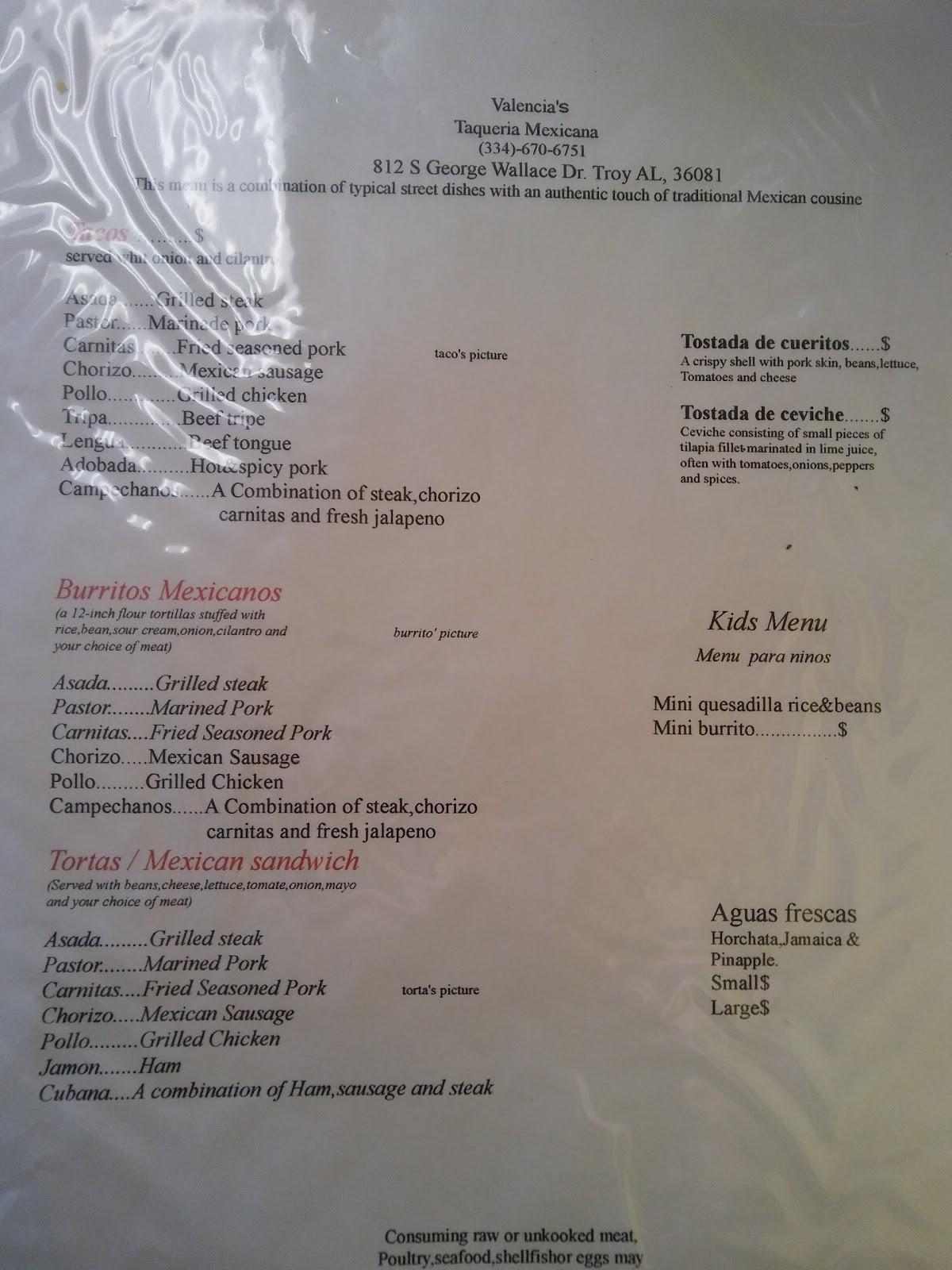 Menu at Valencia’s restaurant, Troy