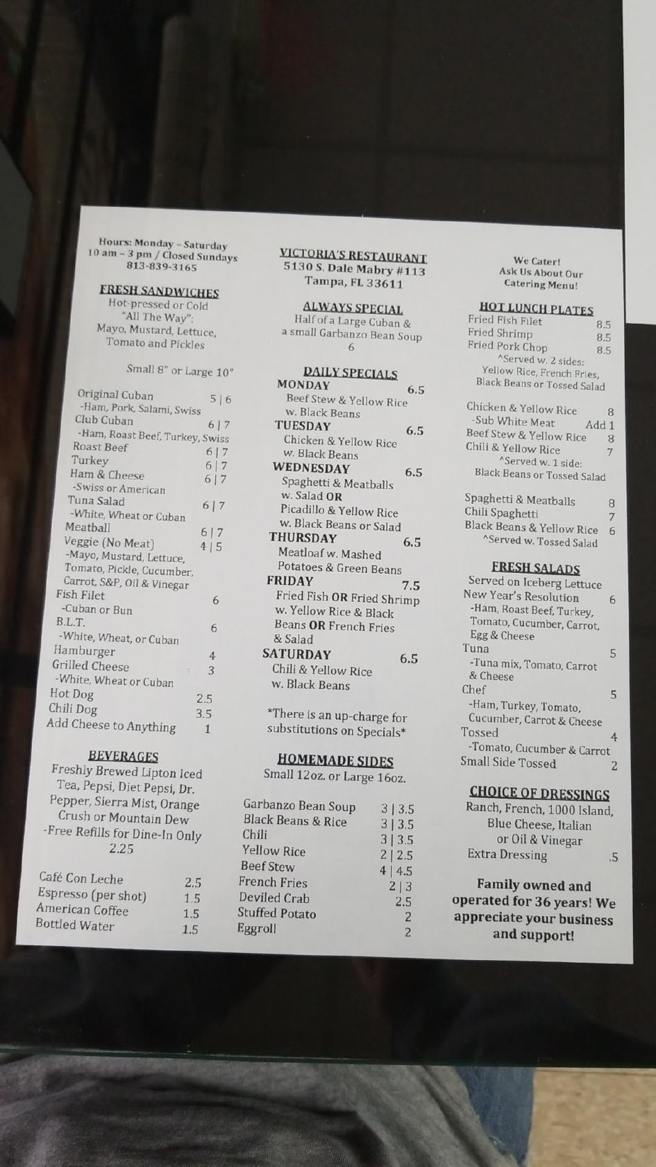 Menu at Victoria's Restaurant, Tampa