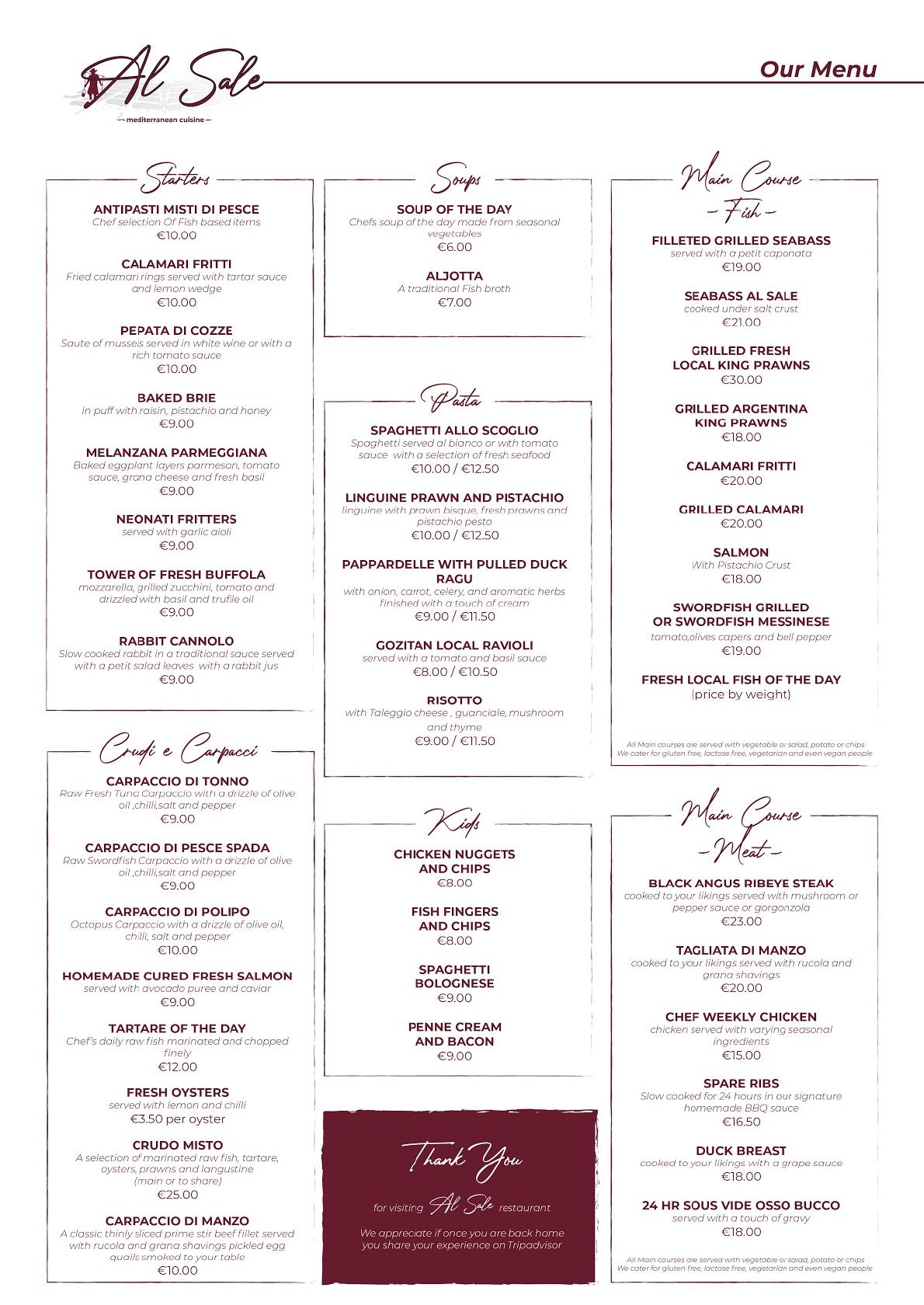 Menu at Al Sale Restaurant, Xagħra