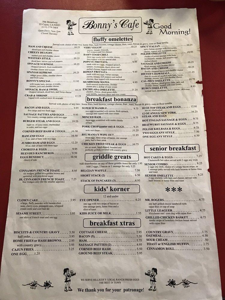Menu at Bonny's Cafe, El Cajon
