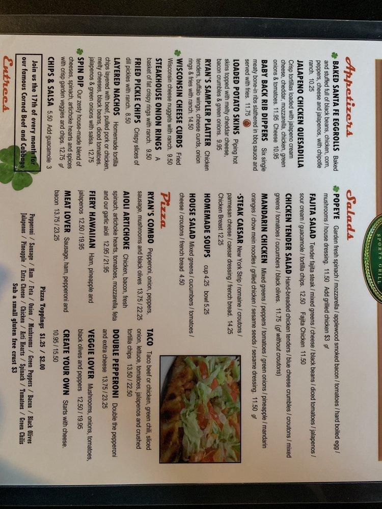 Menu at Ryan's Sports Grill pub & bar, Fort Collins