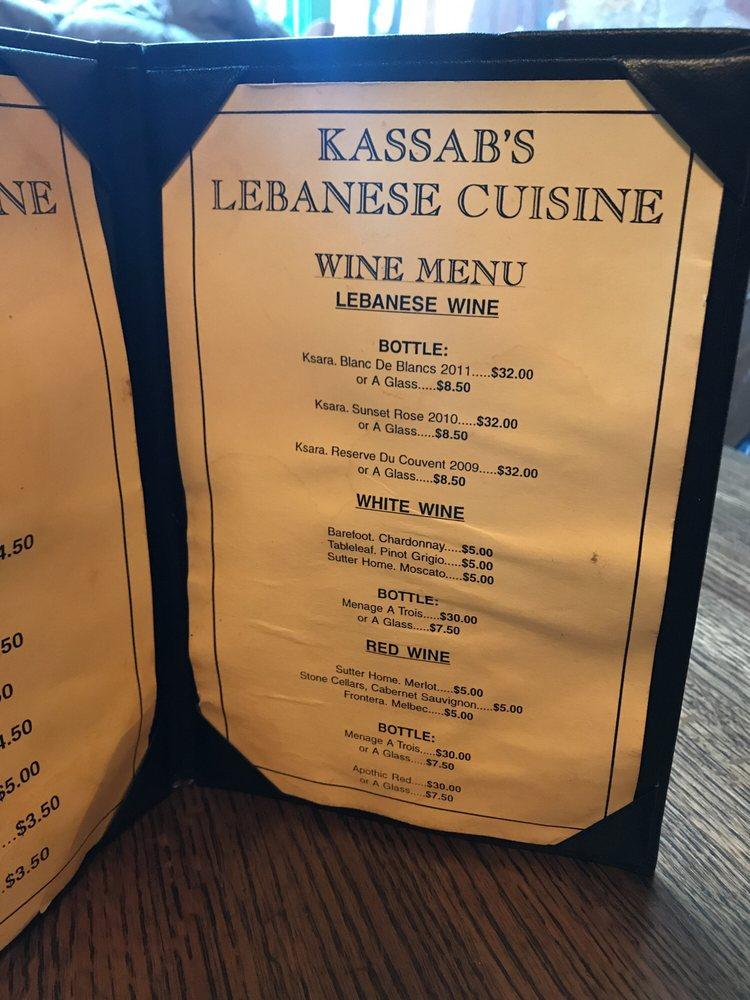 Menu at Kassab's Lebanese Cuisine restaurant, Pittsburgh