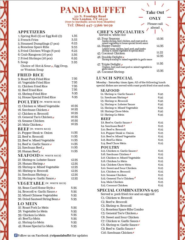 Menu at Panda Buffet restaurant, New London