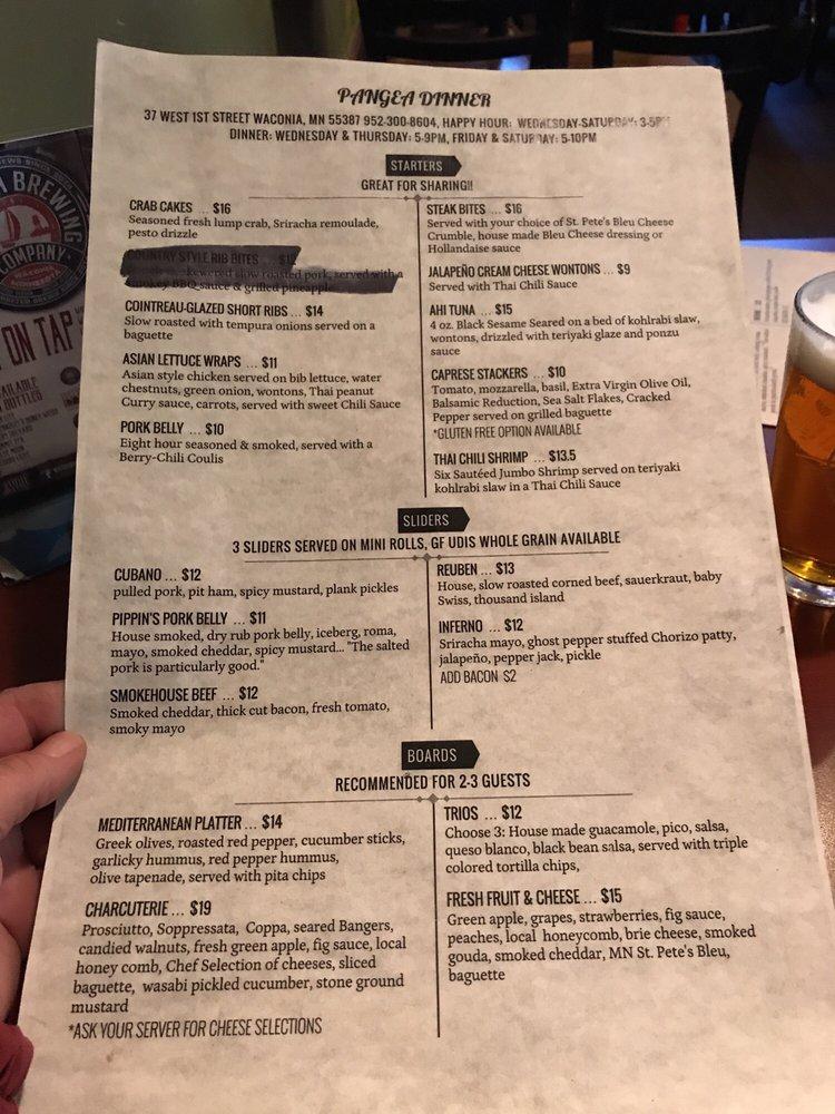 Menu at Pangea Cafe, Waconia, 37 W 1st St