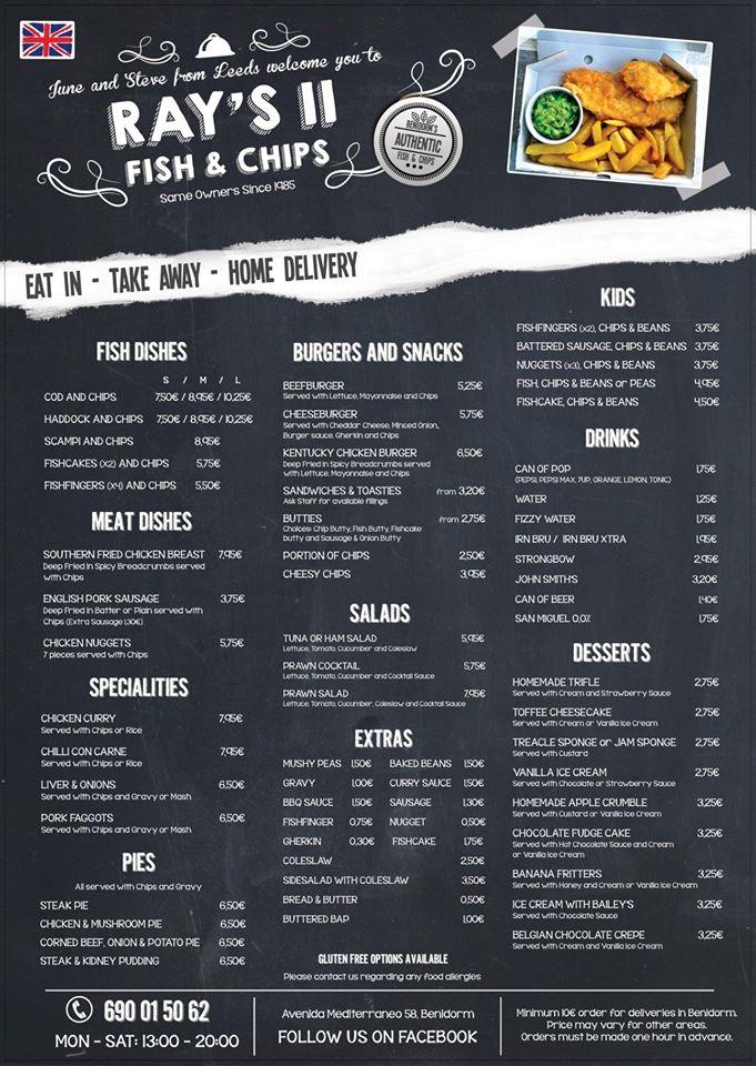 Menu at Rays II Chippy fast food, Benidorm
