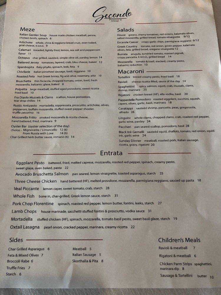 Carta del restaurante Secondo Panicos, Cape May, 991 Ocean Dr