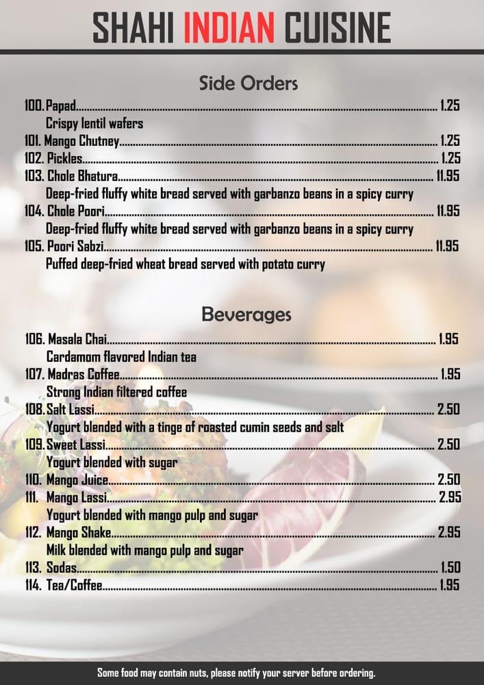 Menu at Shahi Indian Cuisine restaurant, Saginaw