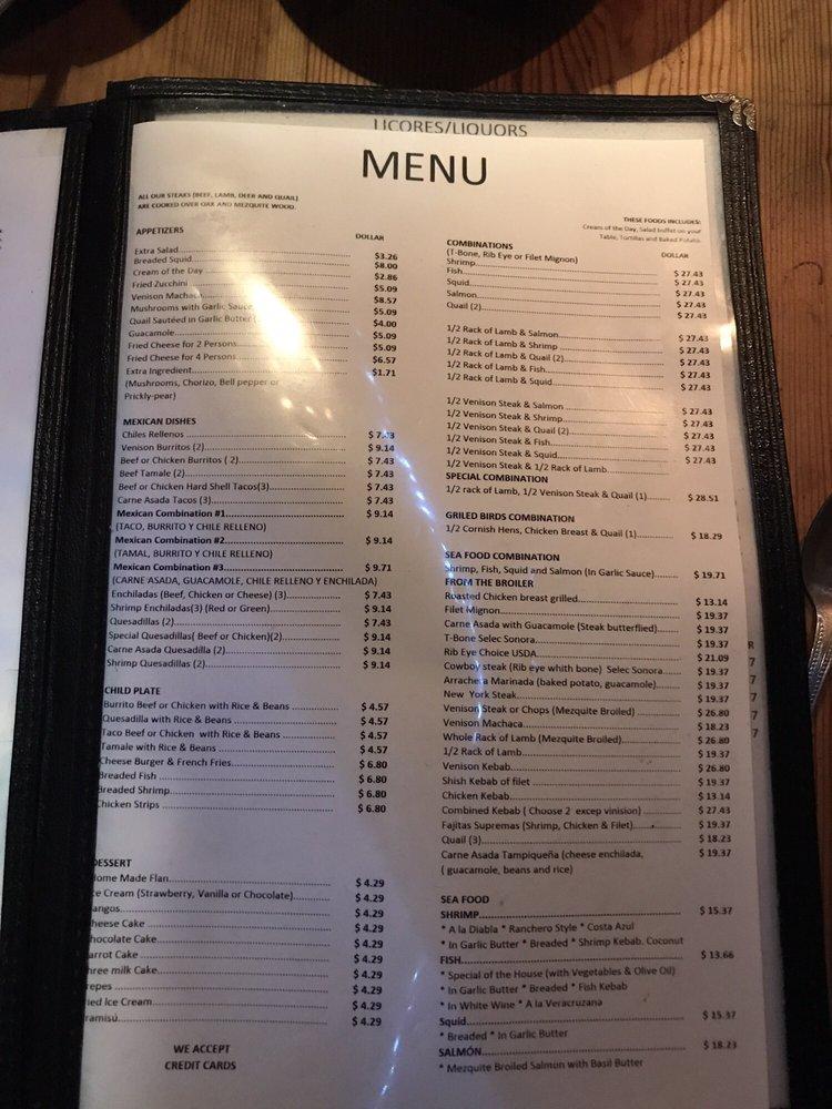 Menu at Tapanco steakhouse, Rosarito