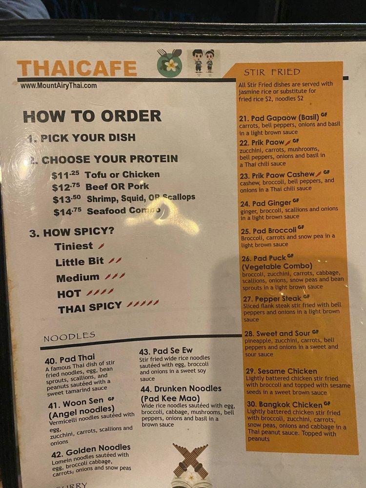 Menu at Thai Cafe, Mount Airy
