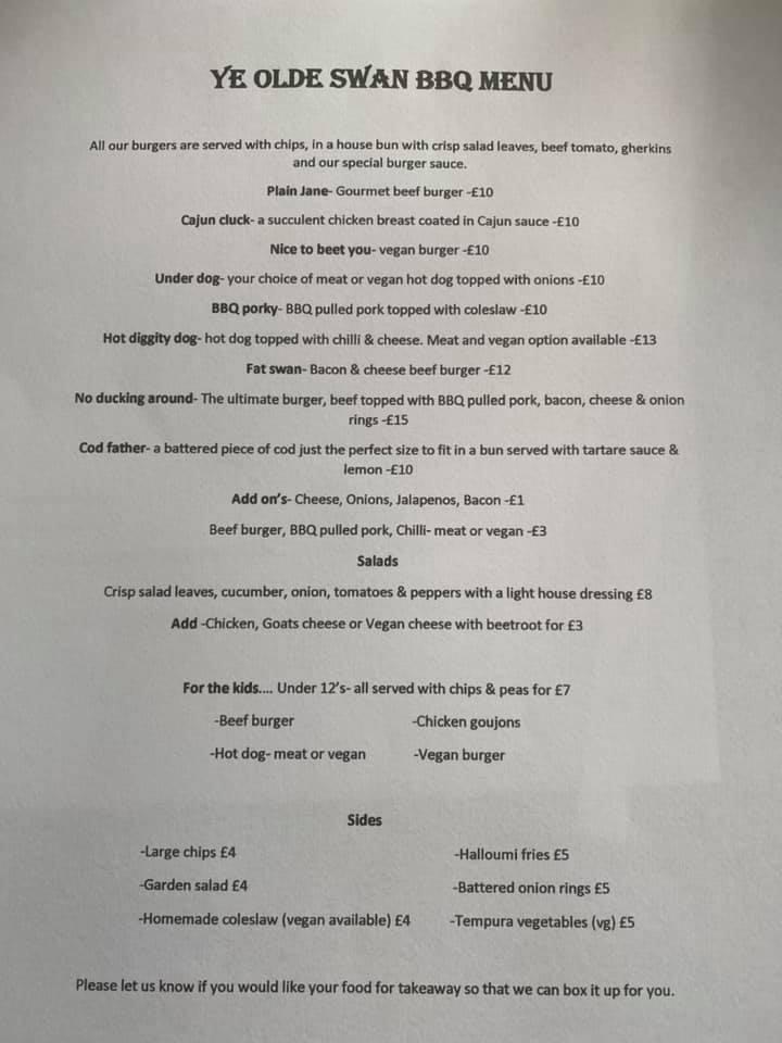 Menu at Ye Olde Swan pub & bar, Clanfield