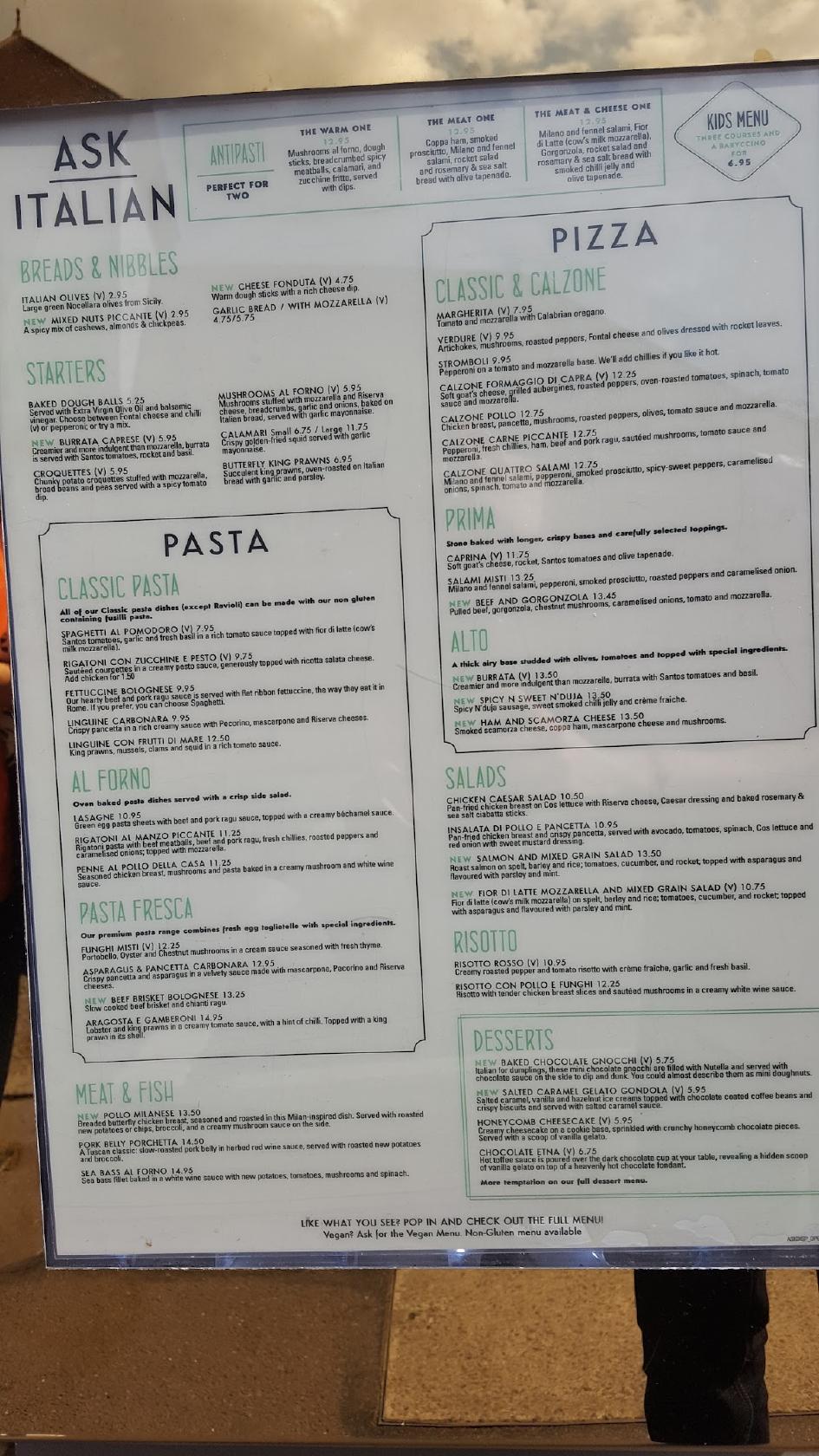 Menu at ASK Italian pizzeria, Ashby-de-la-Zouch