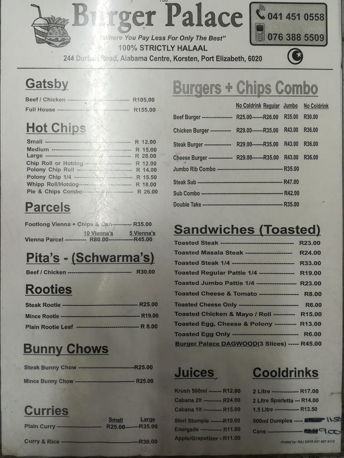 Menu at Burger Palace restaurant, Port Elizabeth