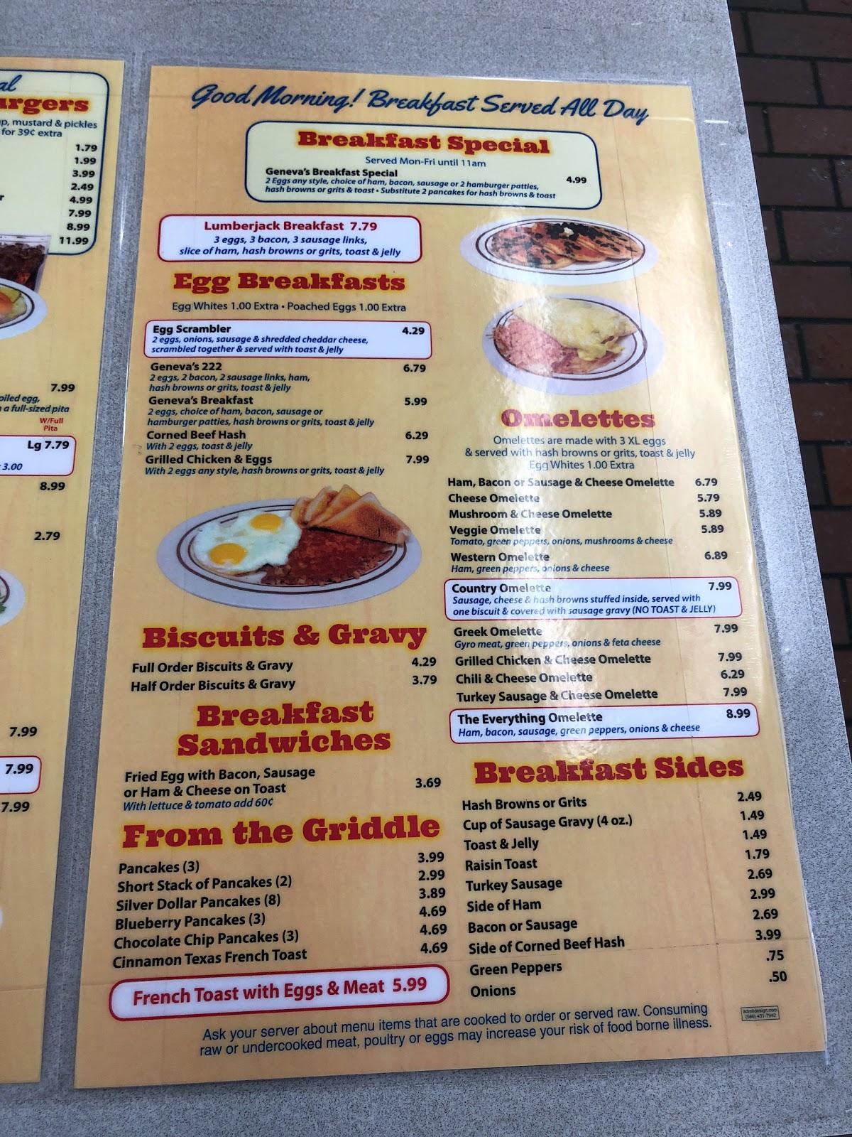 Menu at Geneva's Burgers restaurant, Eastpointe