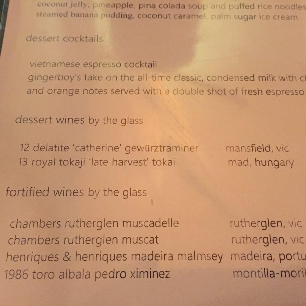 Menu at Gingerboy restaurant, Melbourne