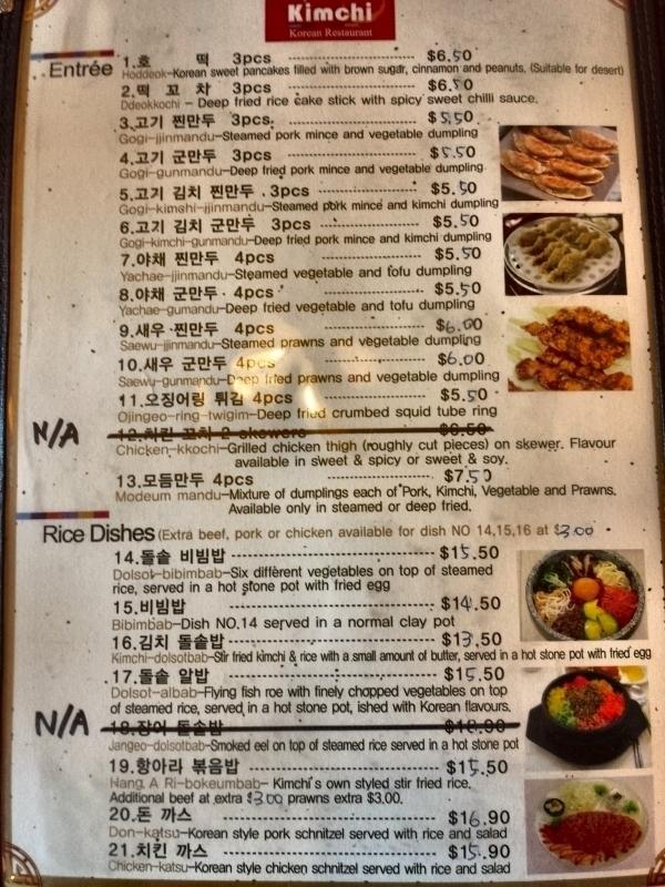 Menu at Hangari Kimchi restaurant, Dickson
