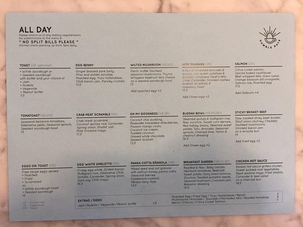 Menu at Humble Rays cafe, Carlton