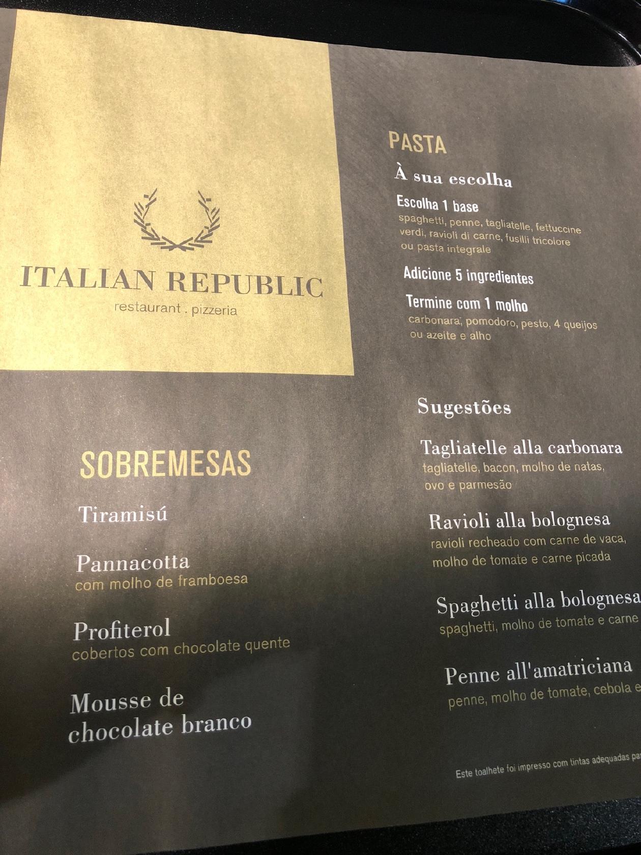 Menu at Italian Republic, Braga, R. dos Congregados 1