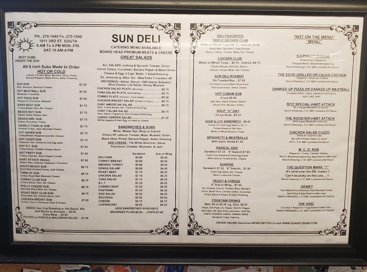 Menu at Sun Deli restaurant, Jacksonville Beach