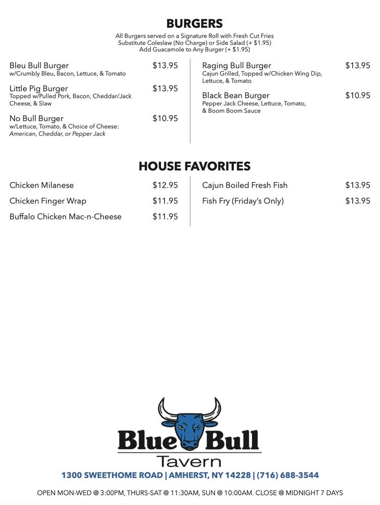 Menu at Blue Bull Tavern pub & bar, Amherst