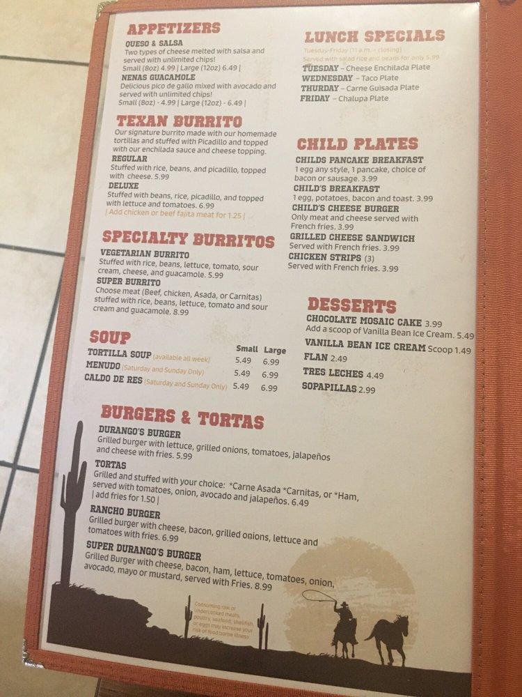 Menu at Durango Restaurant, Wimberley