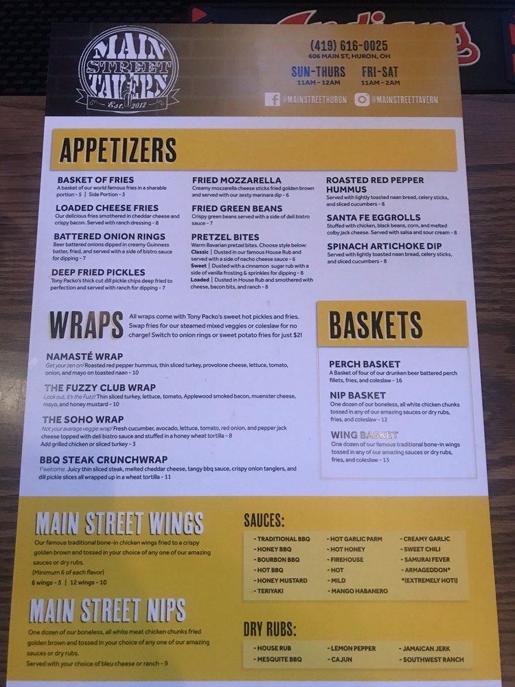 Menu at Main Street Tavern pub & bar, Huron