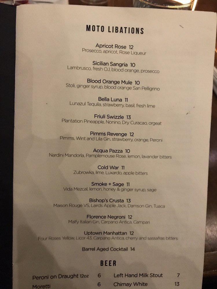 Menu at Moto restaurant, Nashville