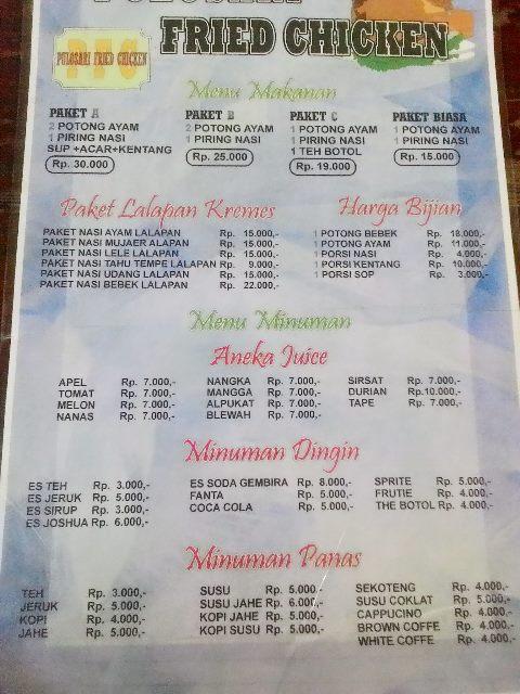 Menu at PFC (Pulosari Fried Chicken) restaurant, Malang
