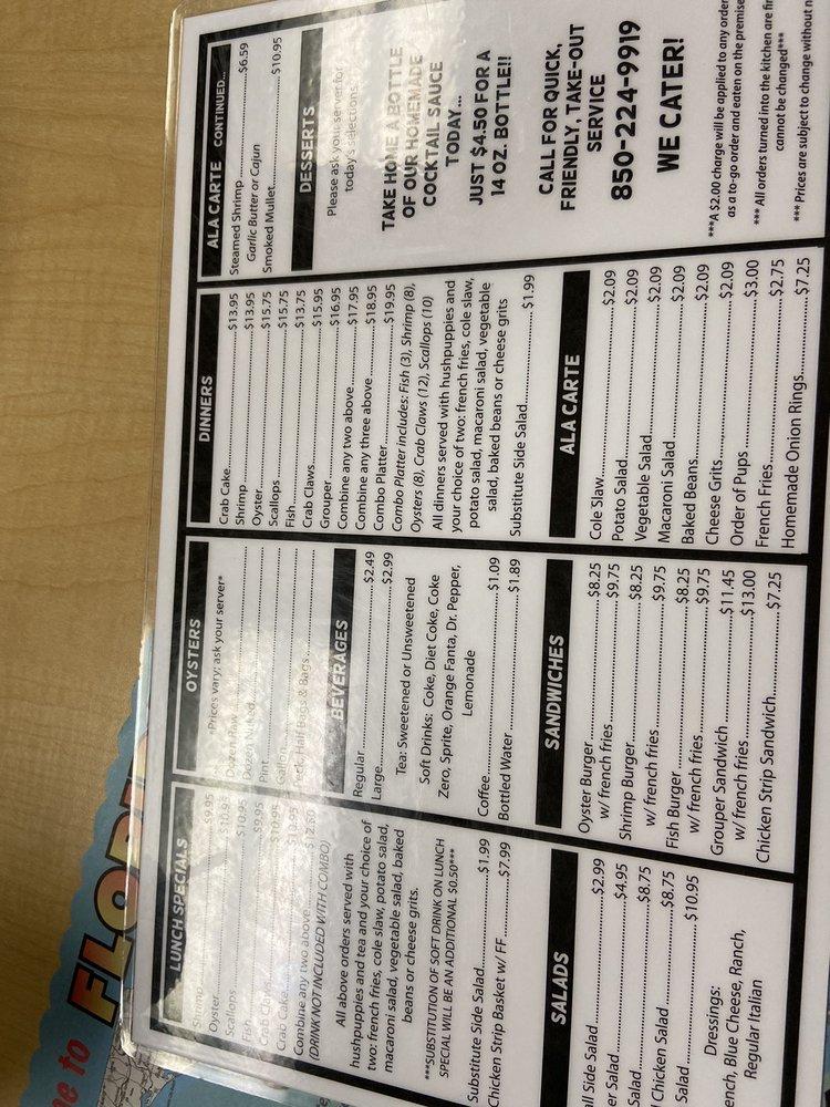 Menu at Shell Oyster Bar, Tallahassee