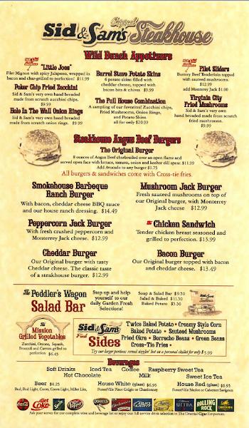 Menu at Sid & Sam’s Original Steakhouse, Odessa
