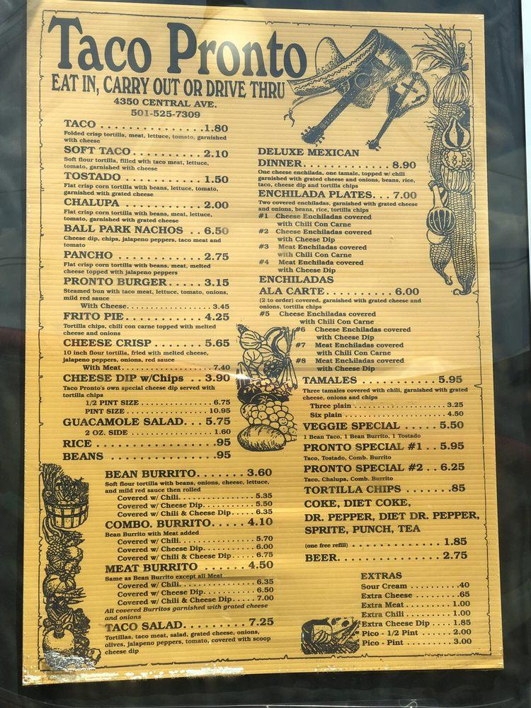 Menu at Taco Pronto restaurant, Hot Springs, Central Ave