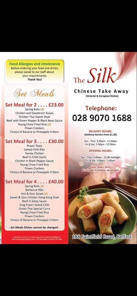Menu at The Silk restaurant, Belfast