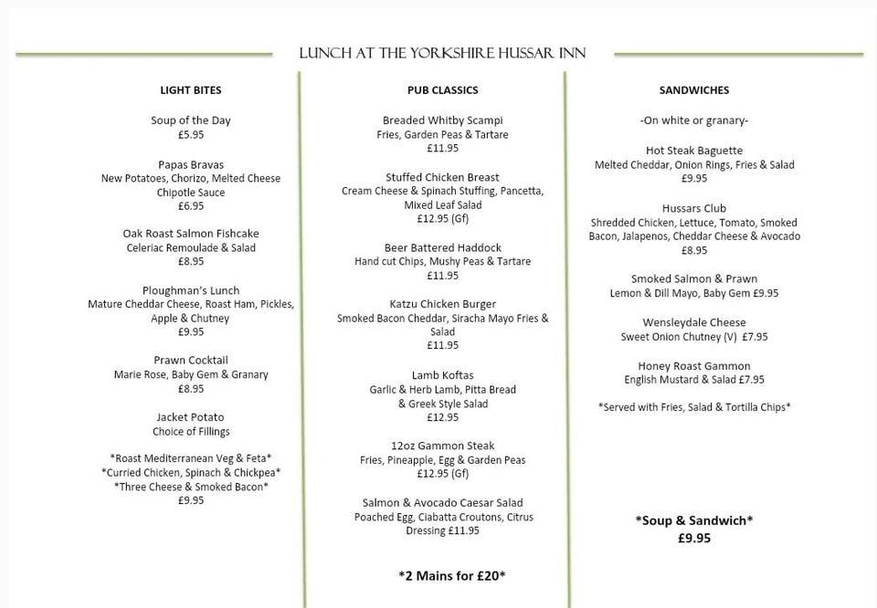 Menu at Yorkshire Hussar Inn pub & bar, Markington