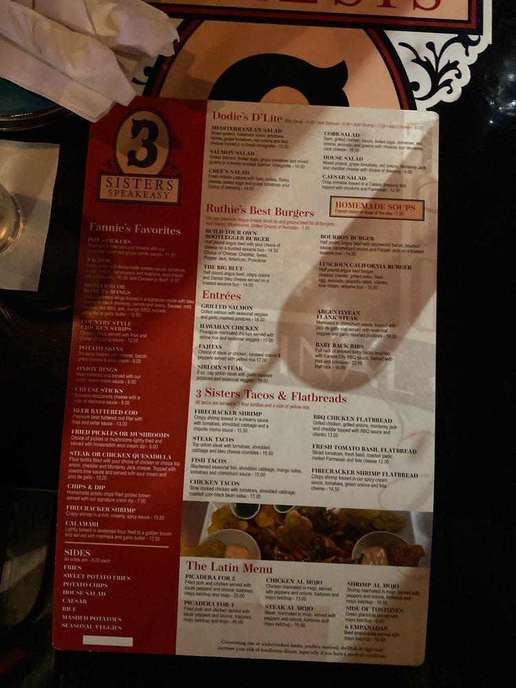 Menu at 3 Sisters Speakeasy restaurant, Kissimmee