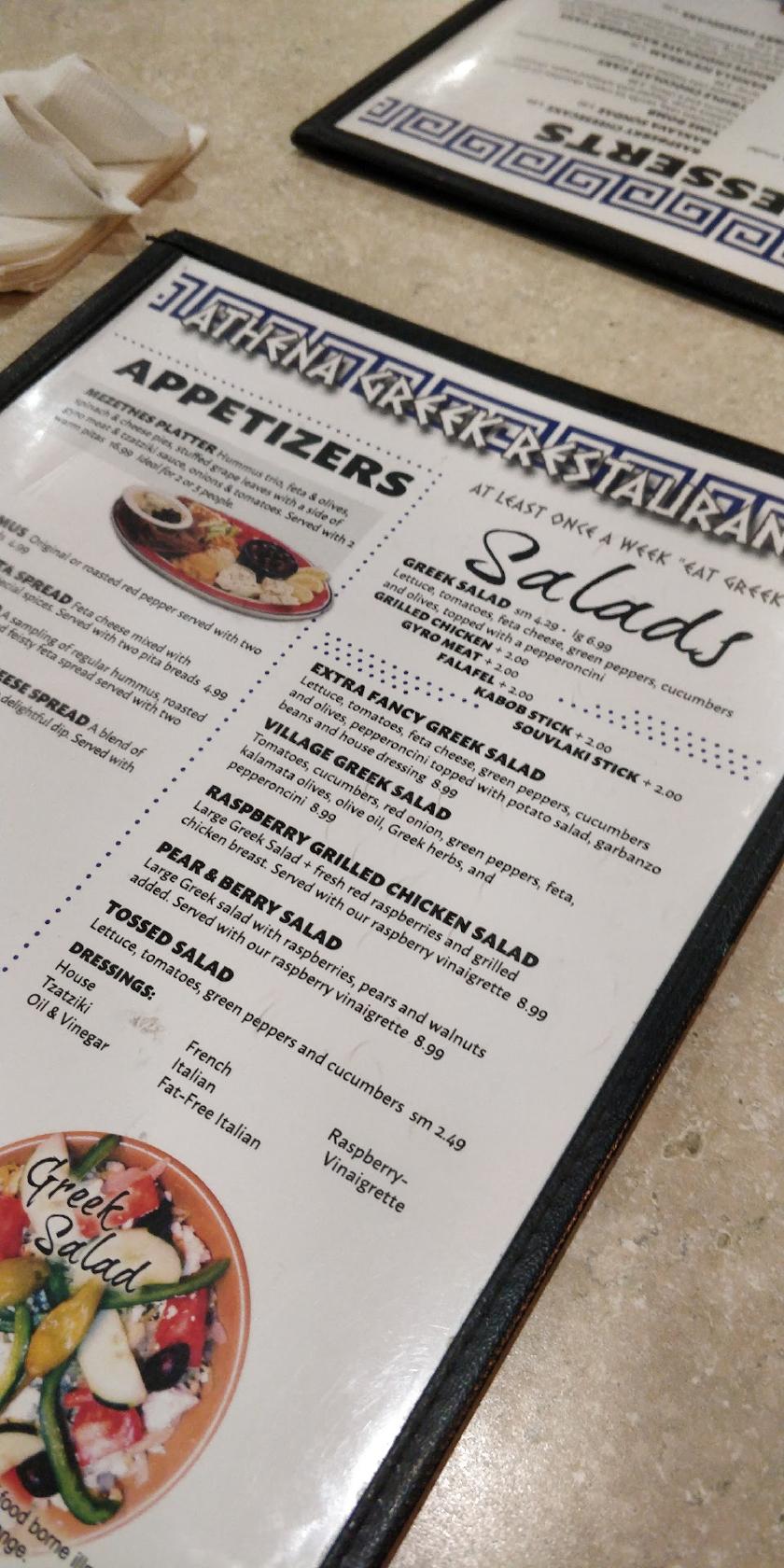 Menu at Athena Greek Restaurant, Mansfield, 41 N Main St
