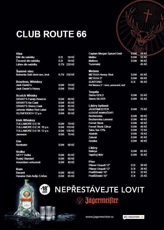 Menu at Club Route 66, Prague