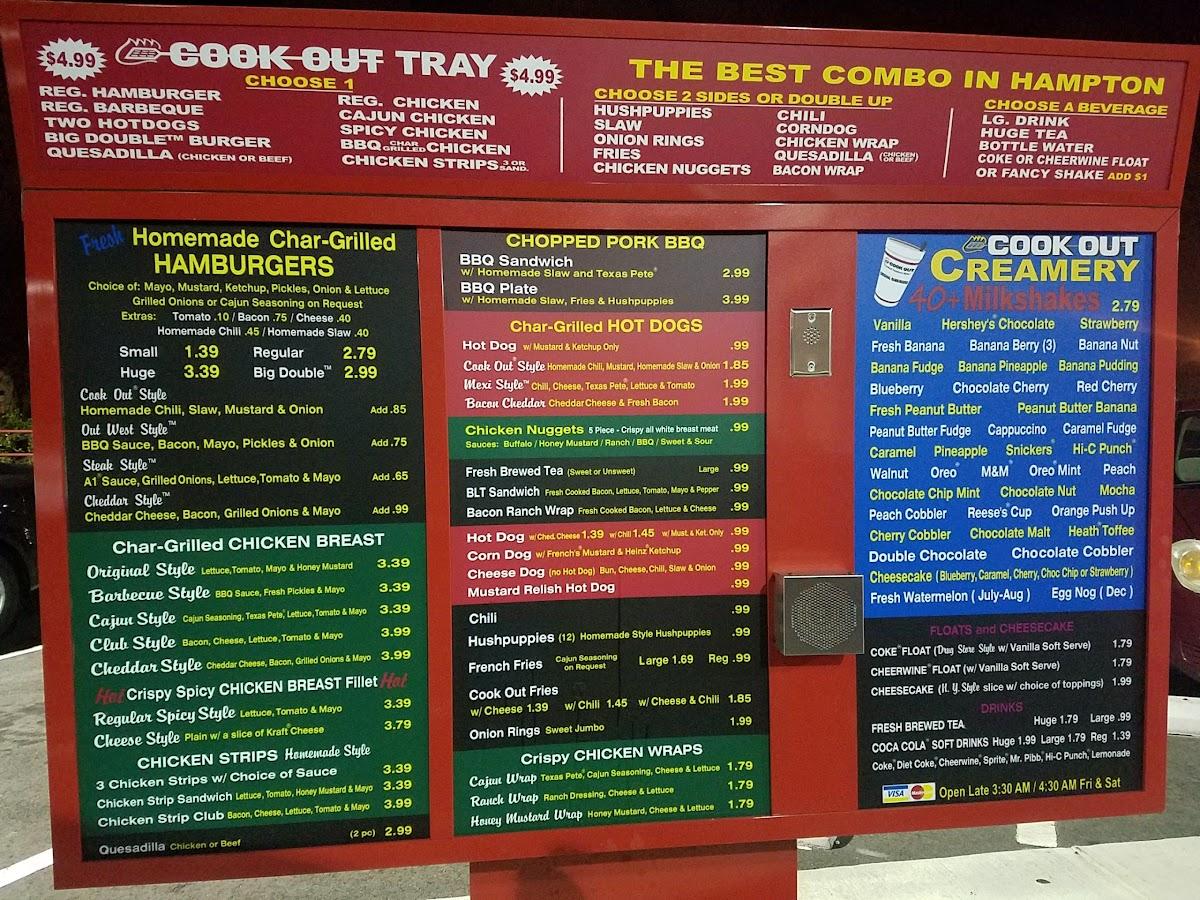 Menu at Cook Out restaurant, Hampton, W Mercury Blvd