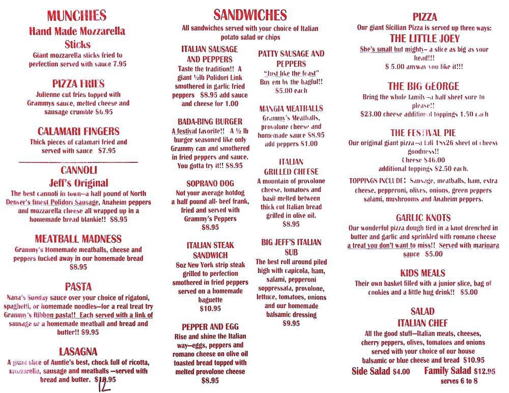 Menu at Grammy's Goodies pizzeria, Wheat Ridge