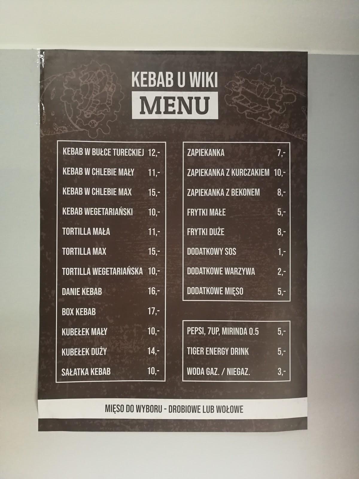 Menu at Kebab u Wiki, Kraków