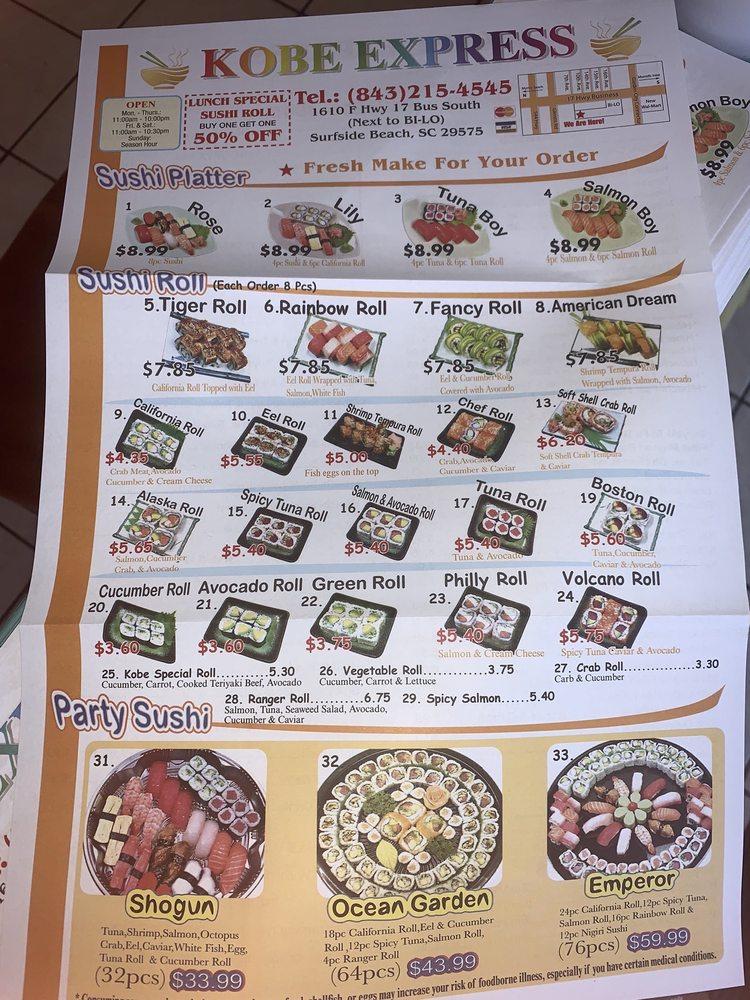 Menu at Kobe Express restaurant, Surfside Beach, F
