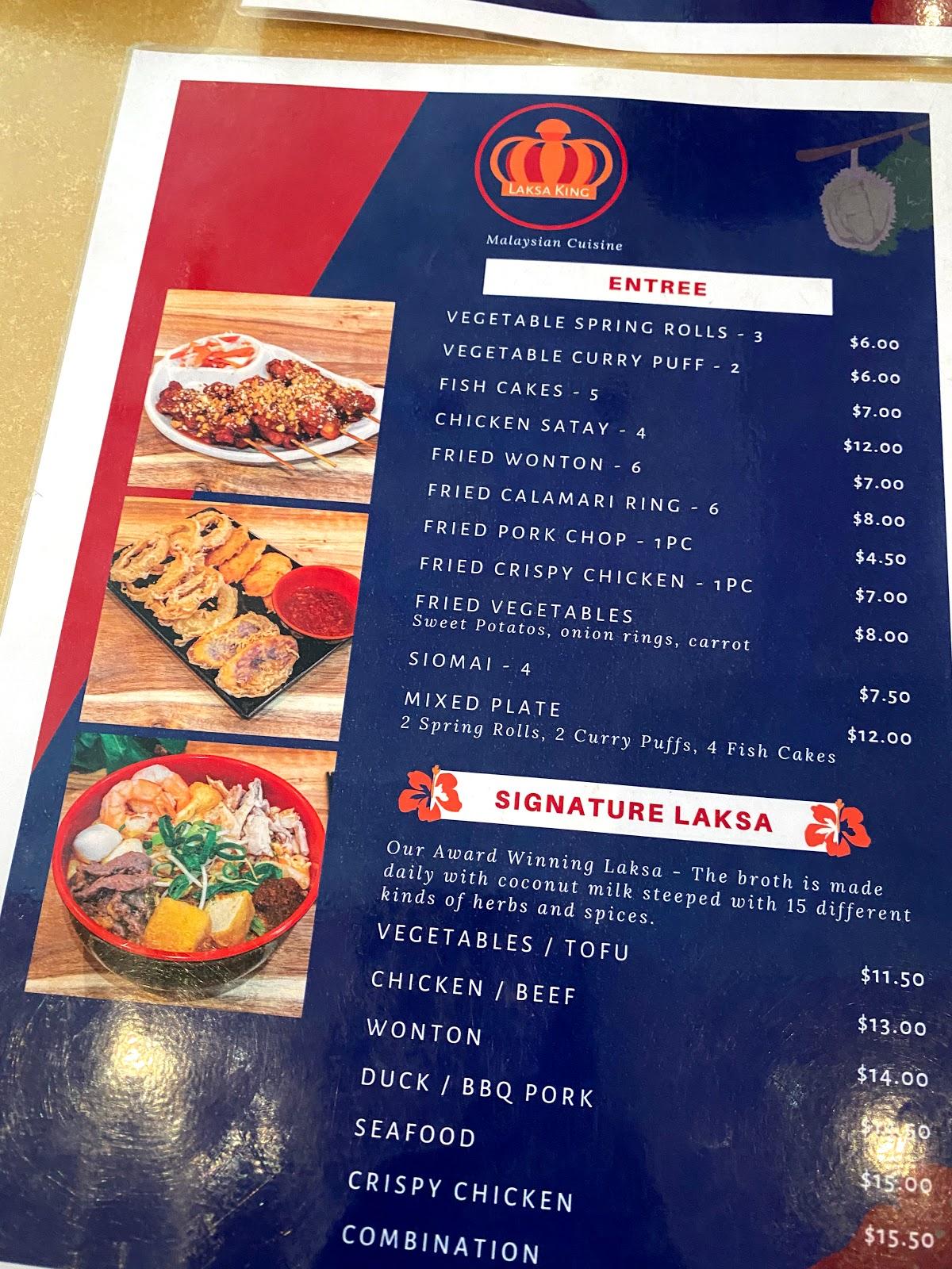 Menu at Laksa King restaurant, Sydney, 37-39 Erskine St