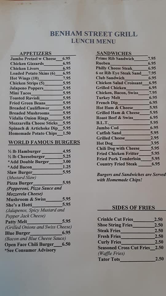 Menu at Benham Street Grill pub & bar, Bonne Terre, 803 Benham St