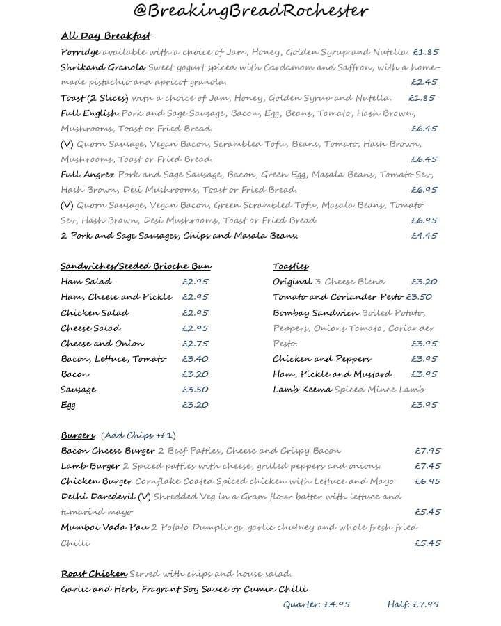 Menu at Breaking Bread Rochester cafe, Rochester