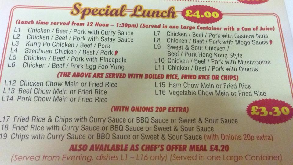 Menu at Camelon Wok fast food, Falkirk
