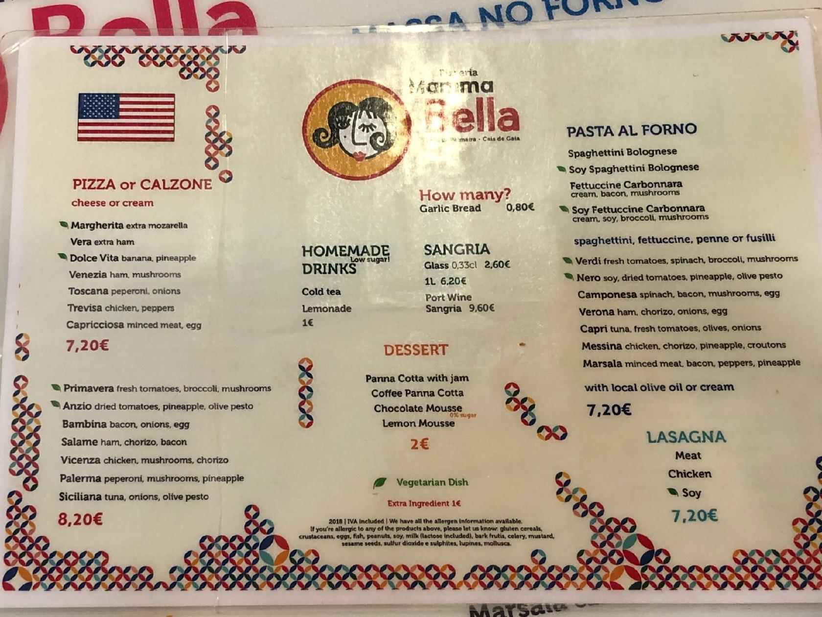 Menu em Mamma Bella Cais de Gaia pizzaria, Vila Nova de Gaia, R ...