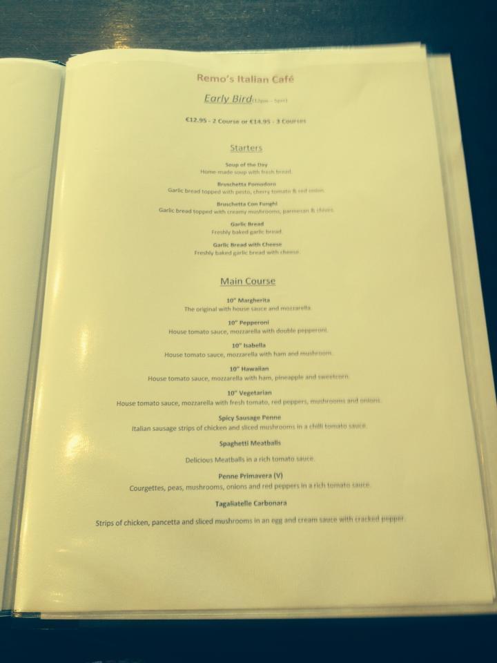 Menu at Remos Cafe, Balbriggan