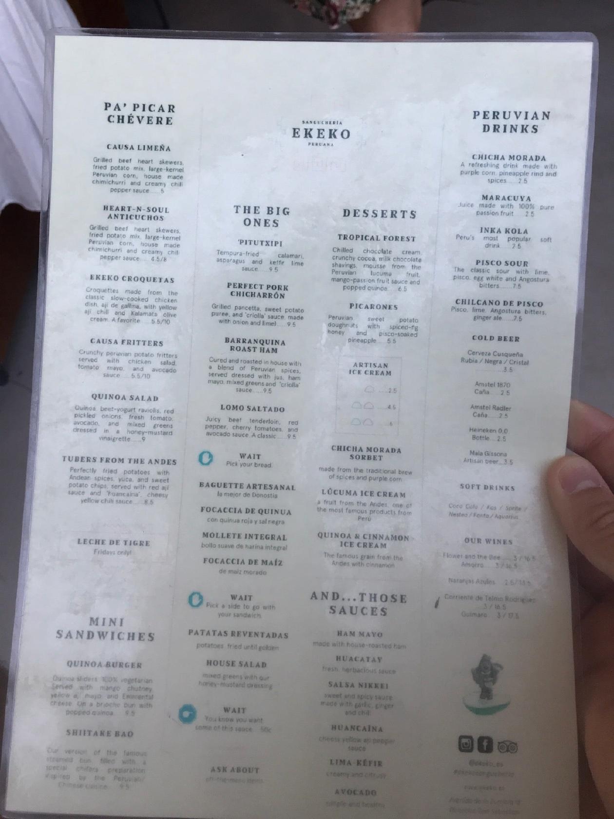 Menu at The Loaf restaurant, San Sebastián, Zurriola Hiribidea