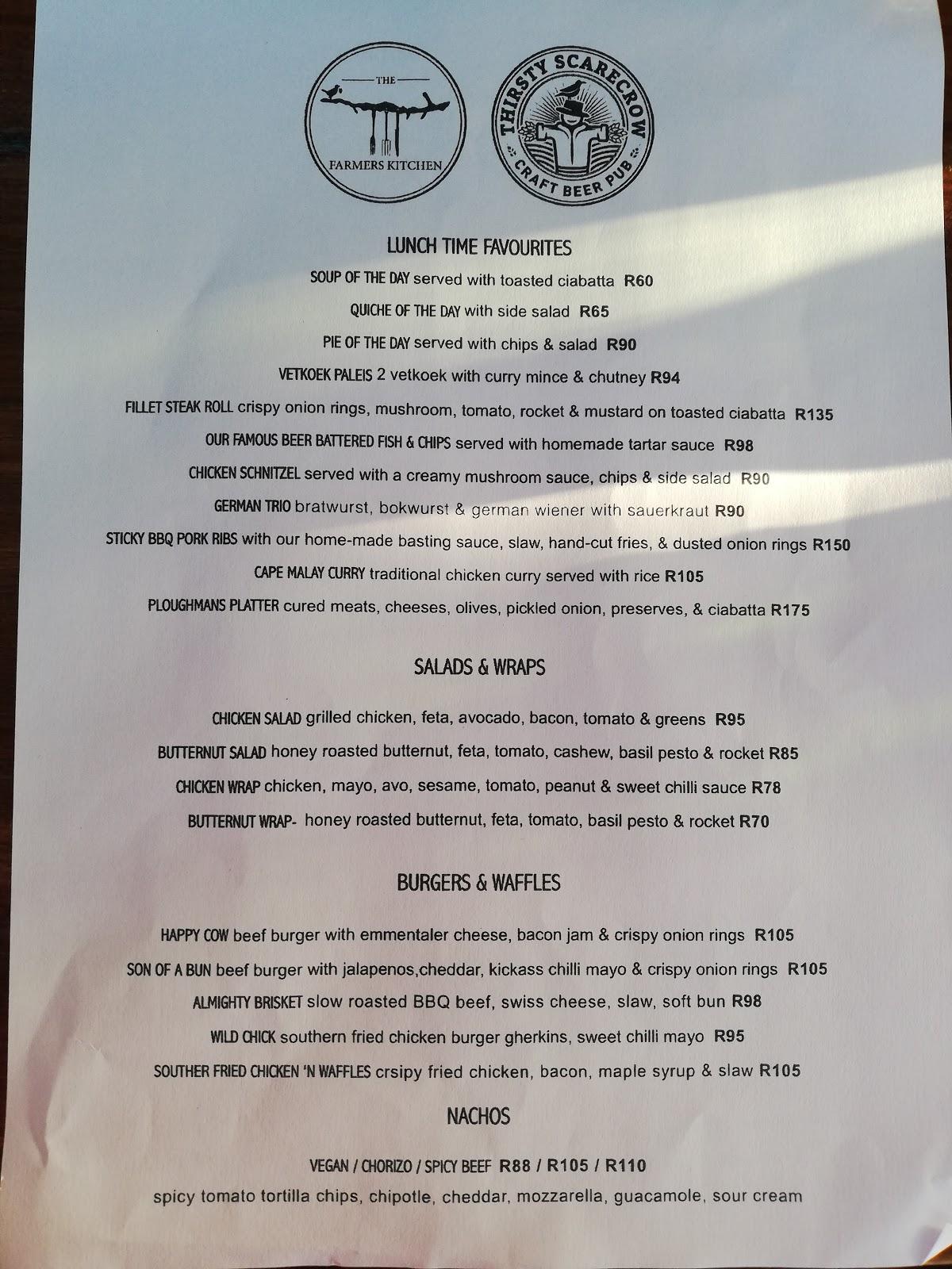 Menu at Thirsty Scarecrow pub & bar, Stellenbosch