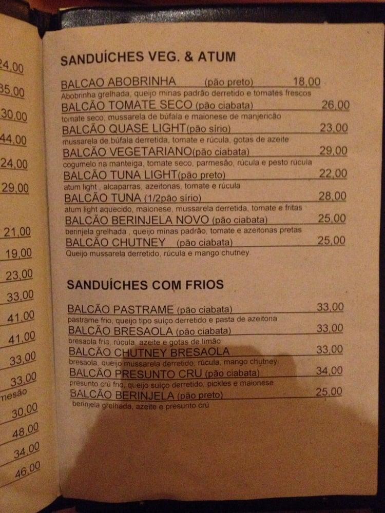 Menu em Bar Balcão, São Paulo, R. Dr. Melo Alves